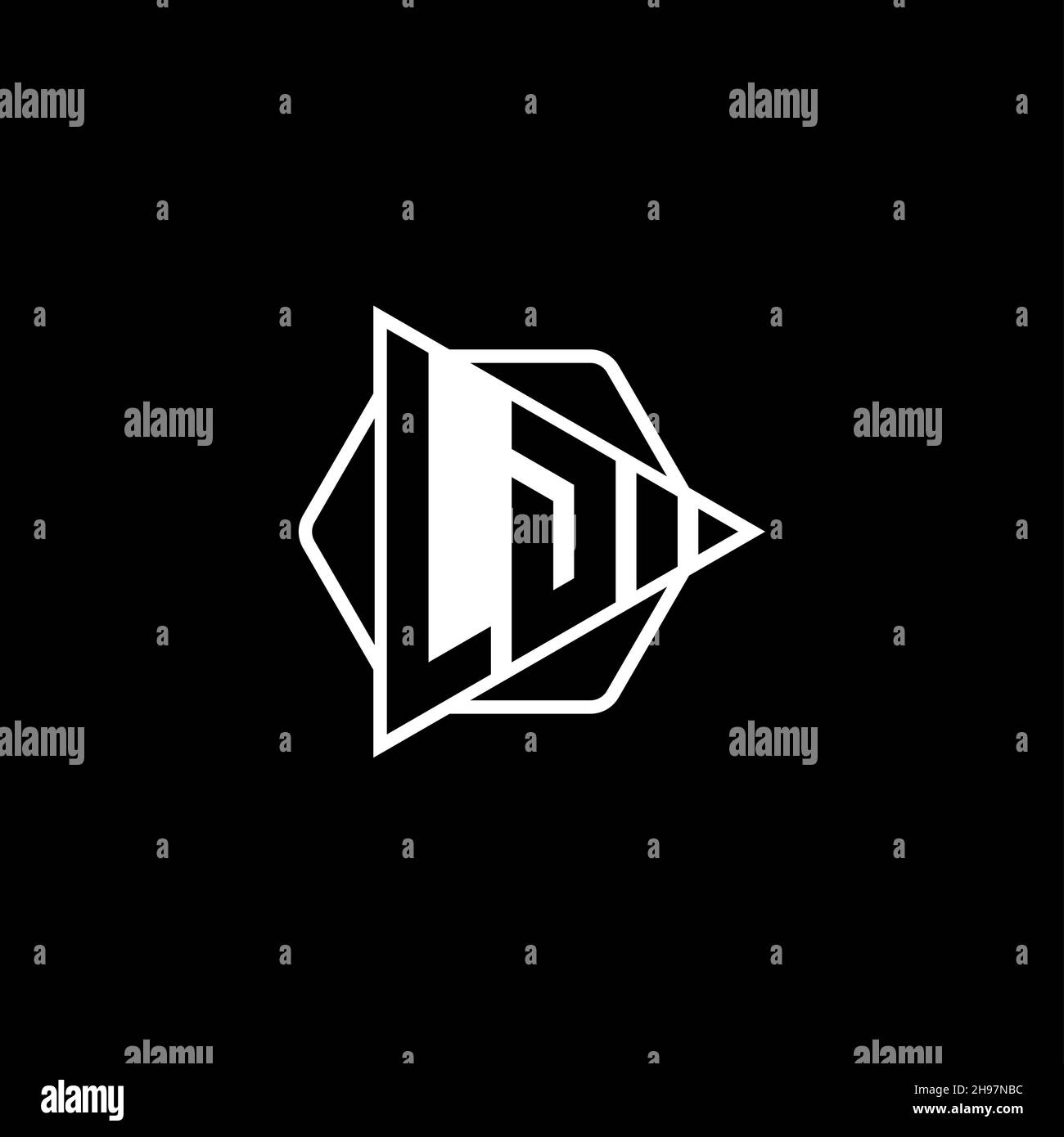 LD Monogram logo letter with triangle play button shape hexagonal rounded. Triangle circle ...