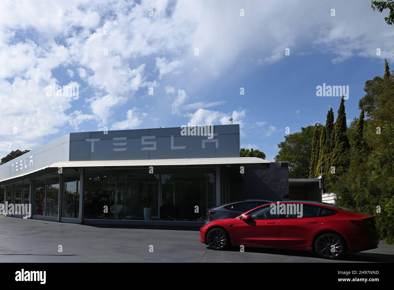 Tesla Brighton car dealership, on Brighton Rd, with two Tesla electric ...