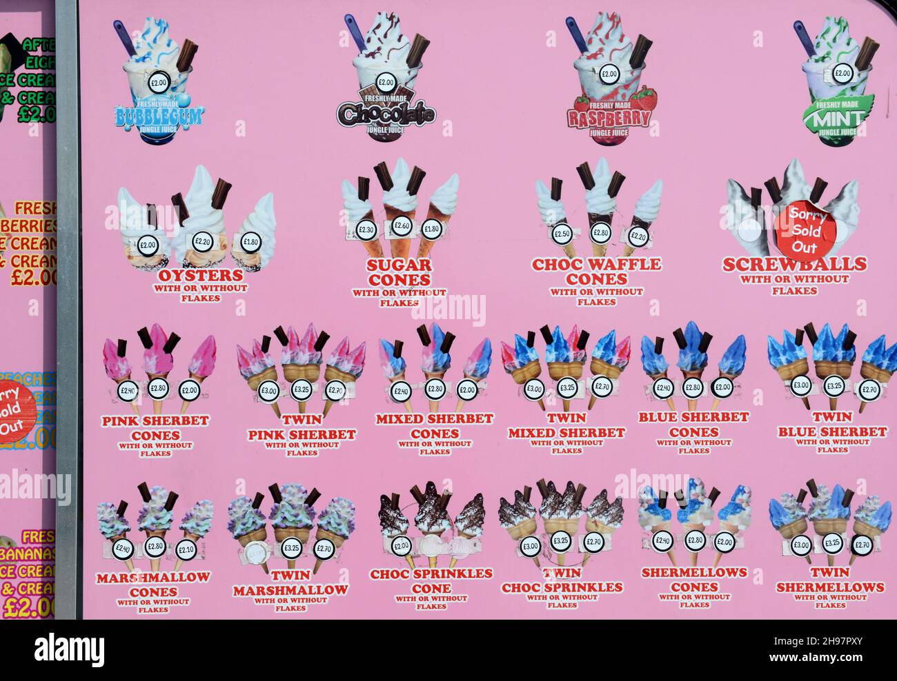 The illustrated price list showing a wide range of ice creams on the ...