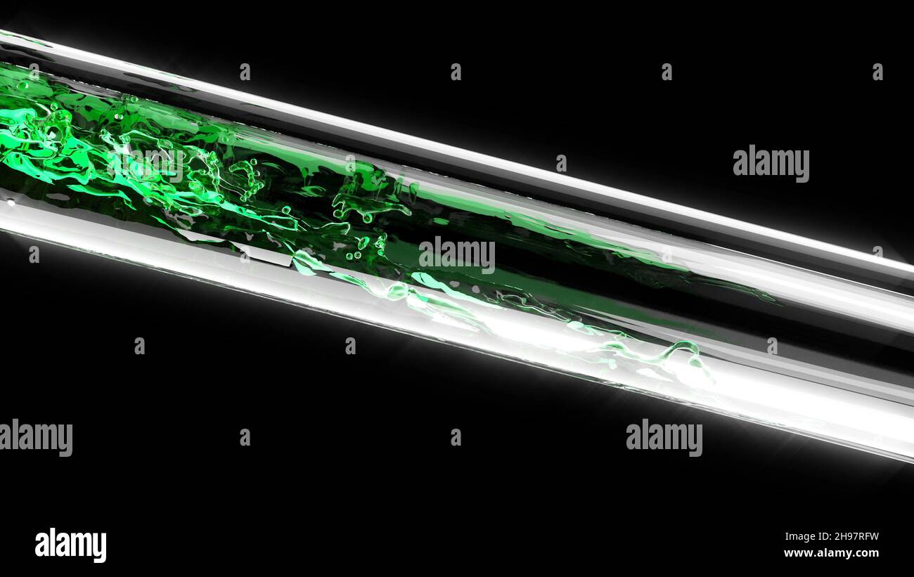 Green liquid flowing through glass tube chemical biological experiment ...