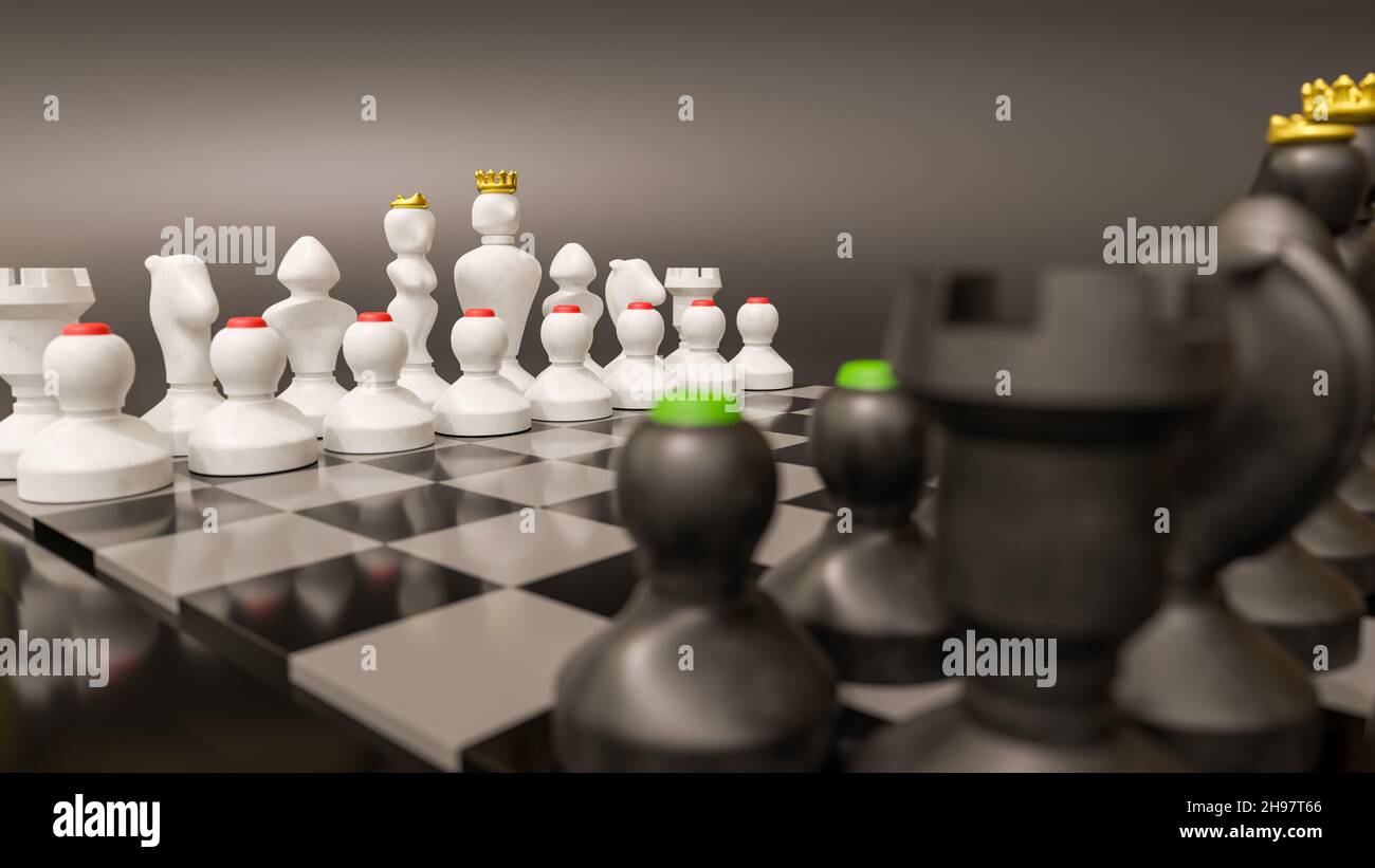 A 3d Illustration Of Chessboard Pieces In Starting Position Against A Gray Background Stock