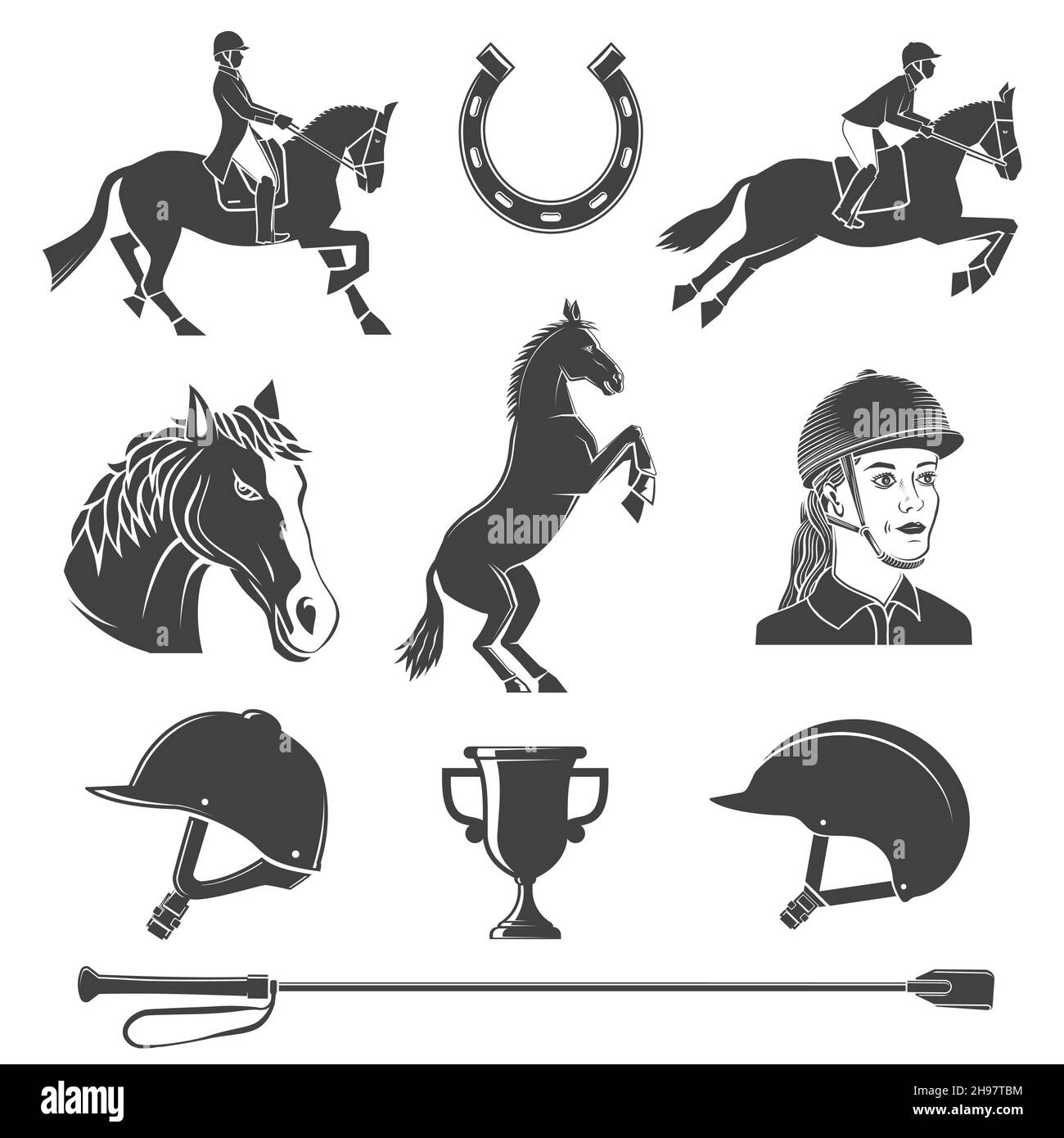 Set of Horse riding sport icon. Vector illustration. Vintage monochrome ...