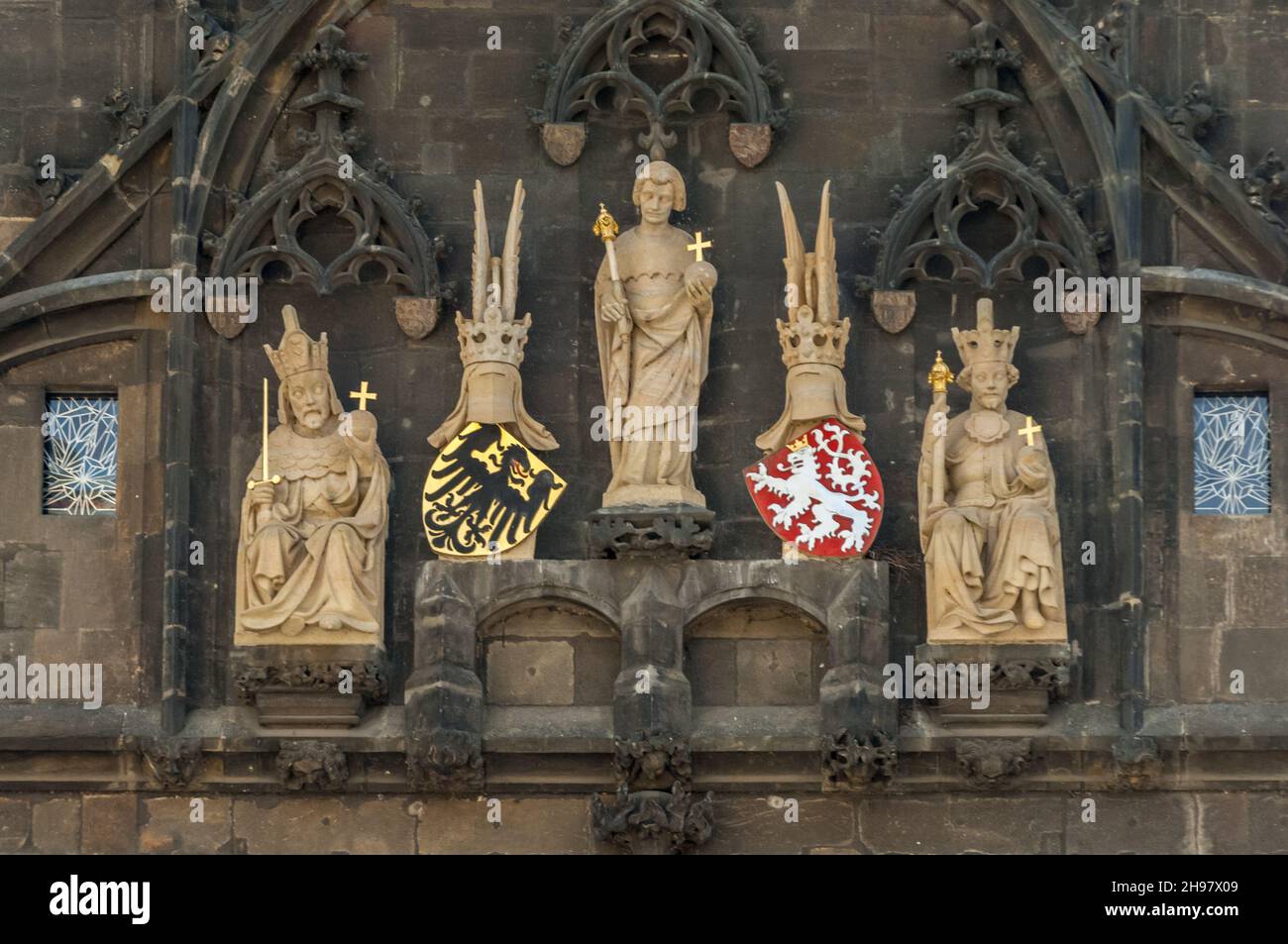 Statues on the façade of the Old Town Bridge Tower of the standing St ...