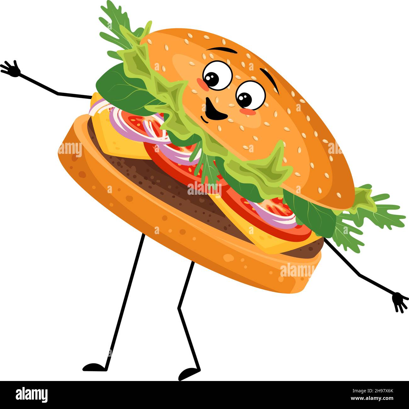 Cute character hamburger with happy emotions, face, smile, eyes, arms ...