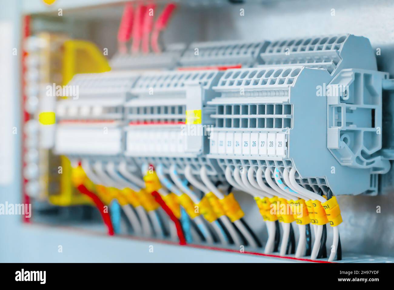 New wiring and automatic machines in the electrical panel. Live wires ...