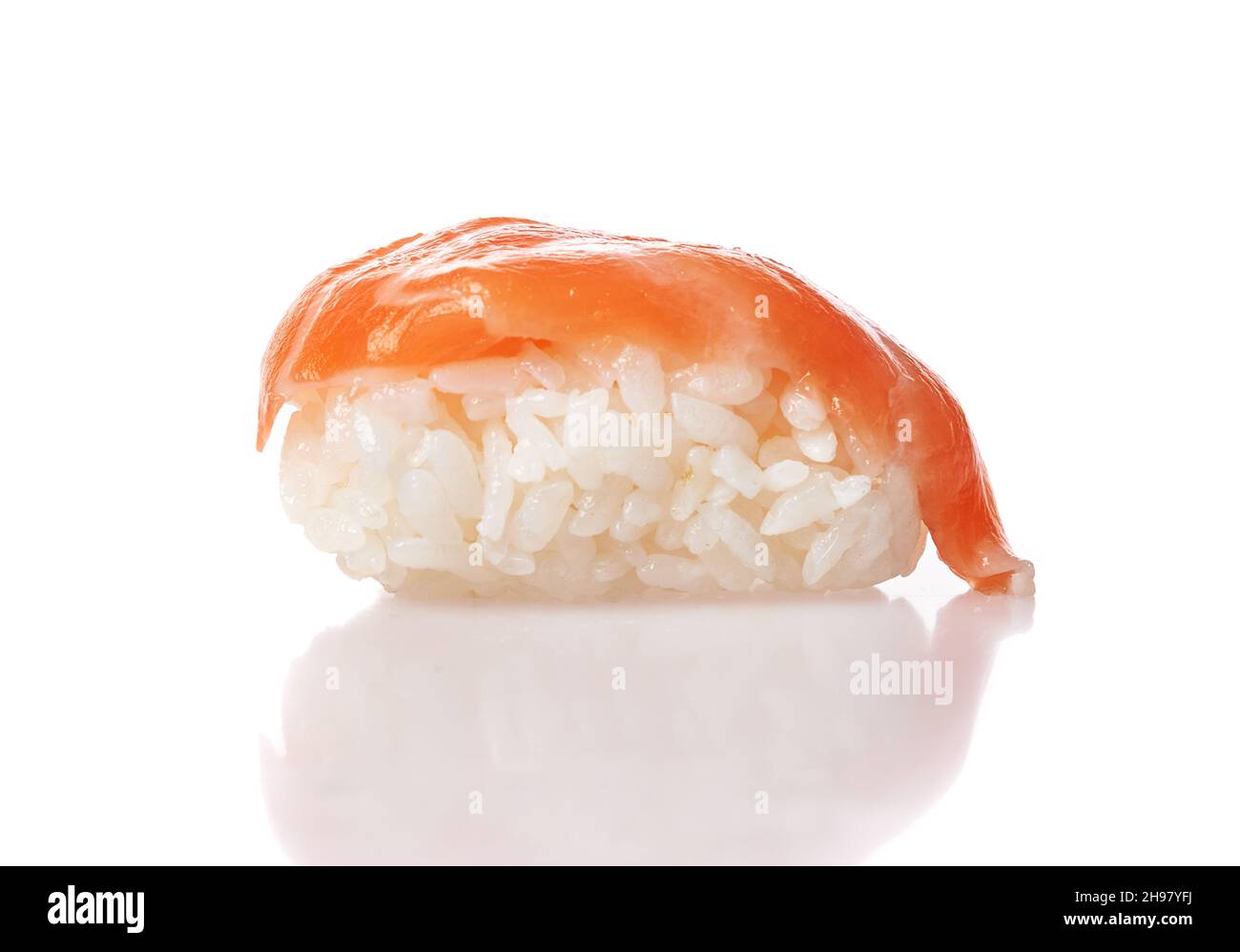 Single salmon nigiri sushi isolated on white background Stock Photo - Alamy