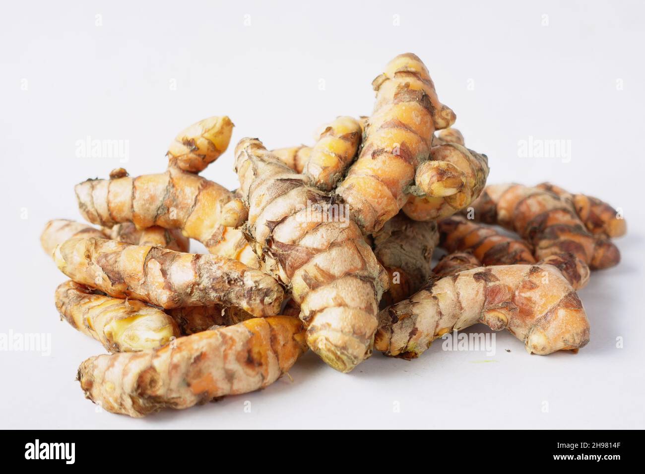 detail shot of turmeric root in white background Stock Photo - Alamy
