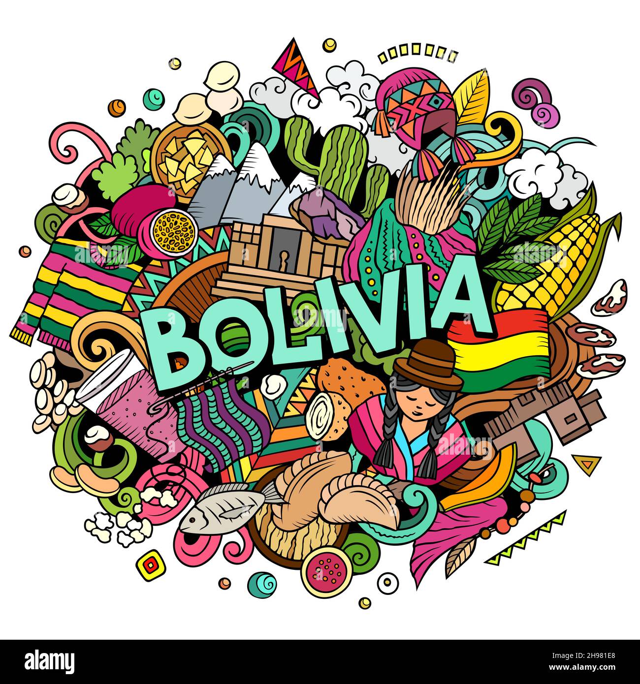 Bolivia hand drawn cartoon doodle illustration. Funny Bolivian design. Creative vector ...