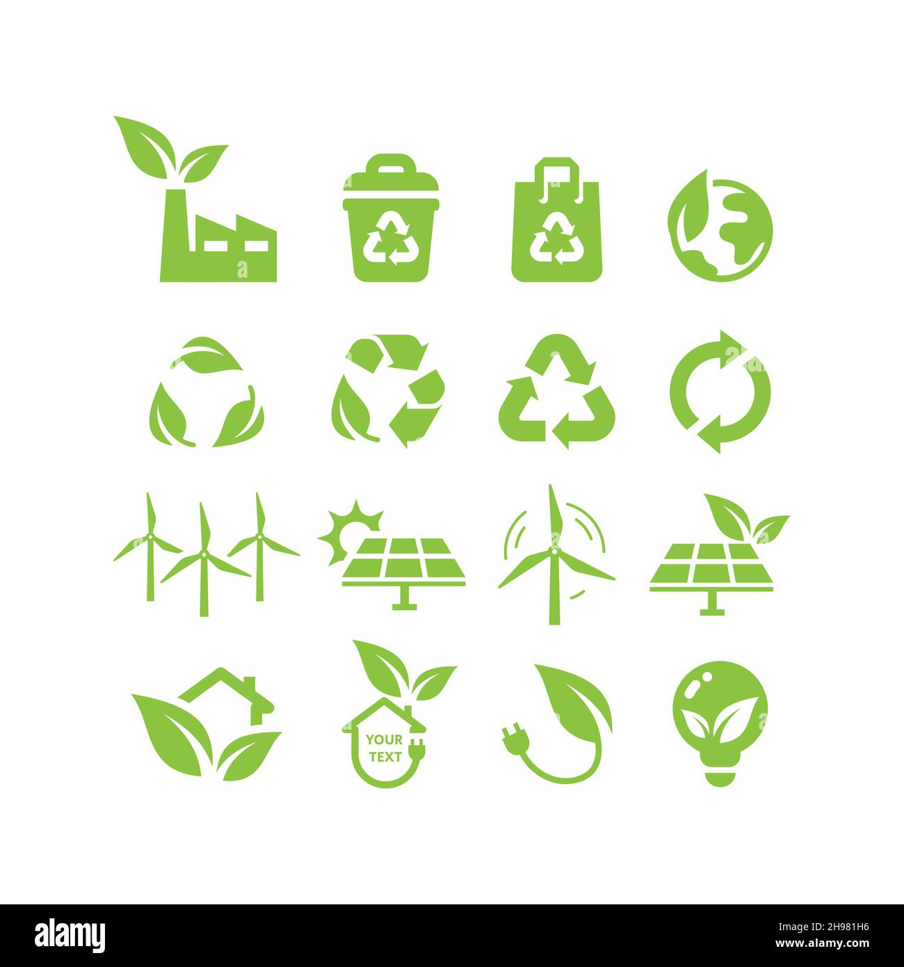 Green energy, eco friendly power vector icon set. Solar panel, wind ...