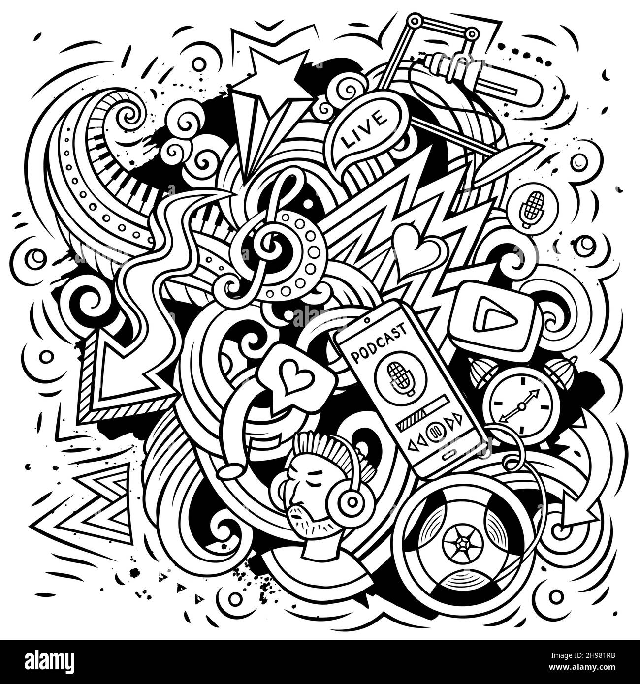 Audio content cartoon doodles illustration. Creative funny vector ...