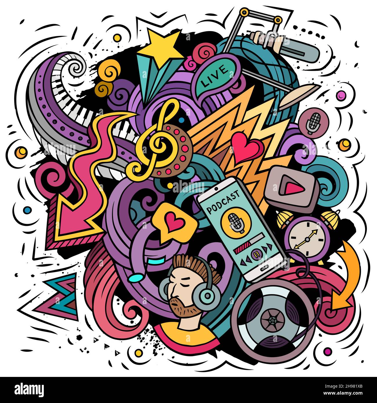 Audio content cartoon doodles illustration. Creative funny vector ...