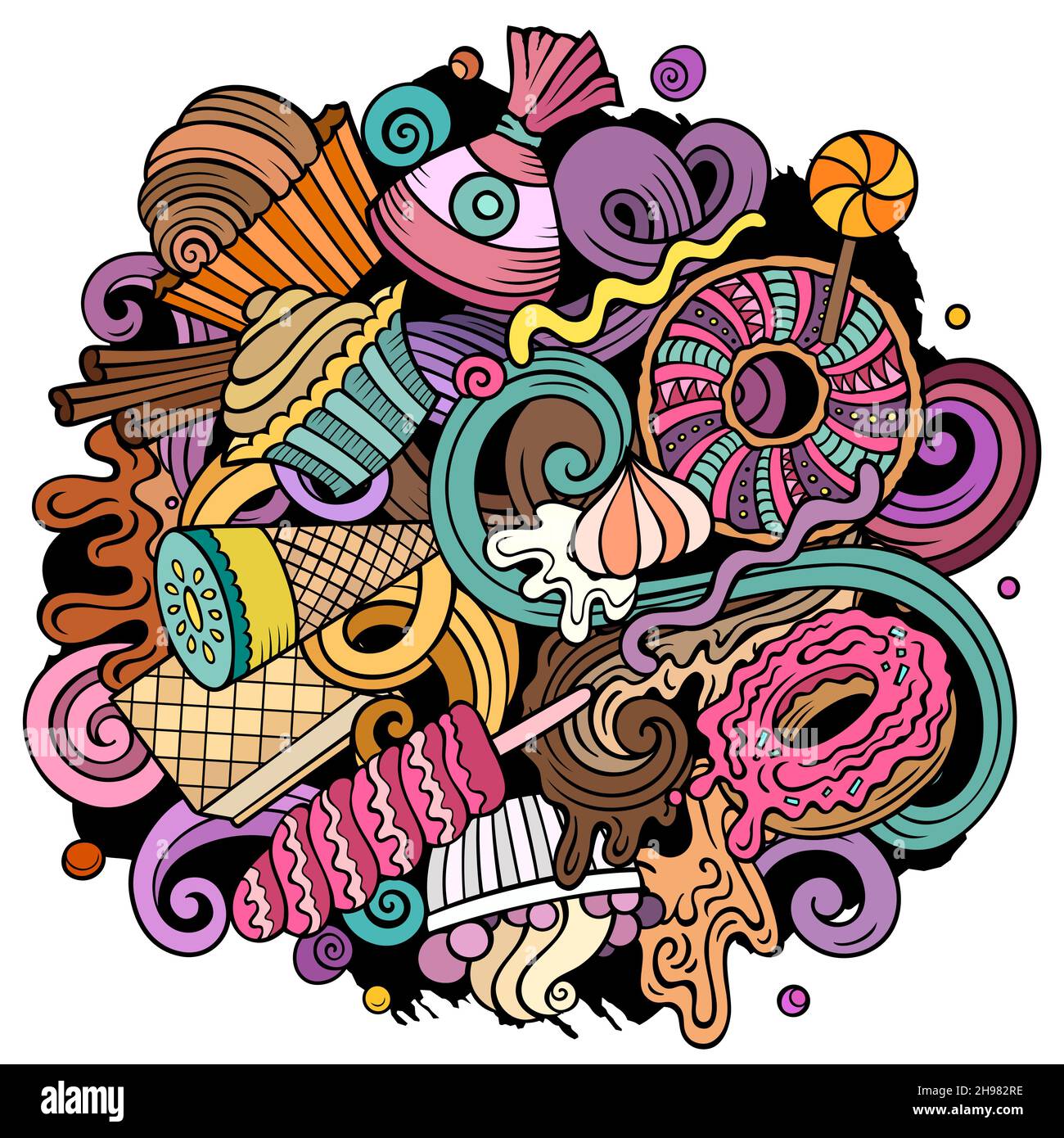 Sweet food vector doodles illustration. Desserts elements and objects ...