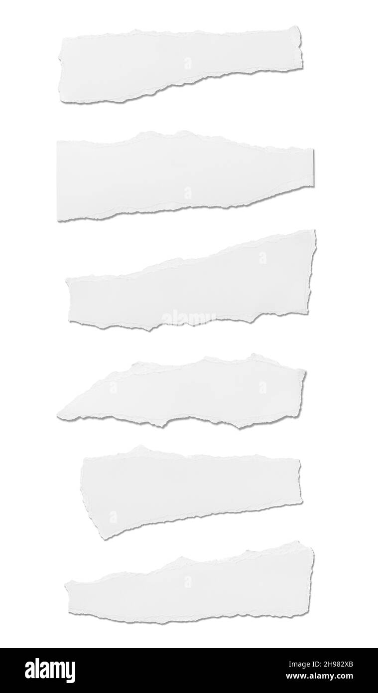 collection of white ripped pieces of paper on white background. each ...