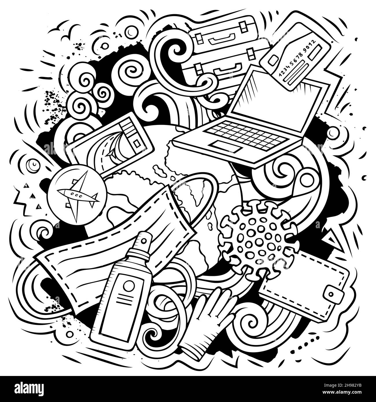 Traveling vector doodles illustration. New normal elements and objects ...