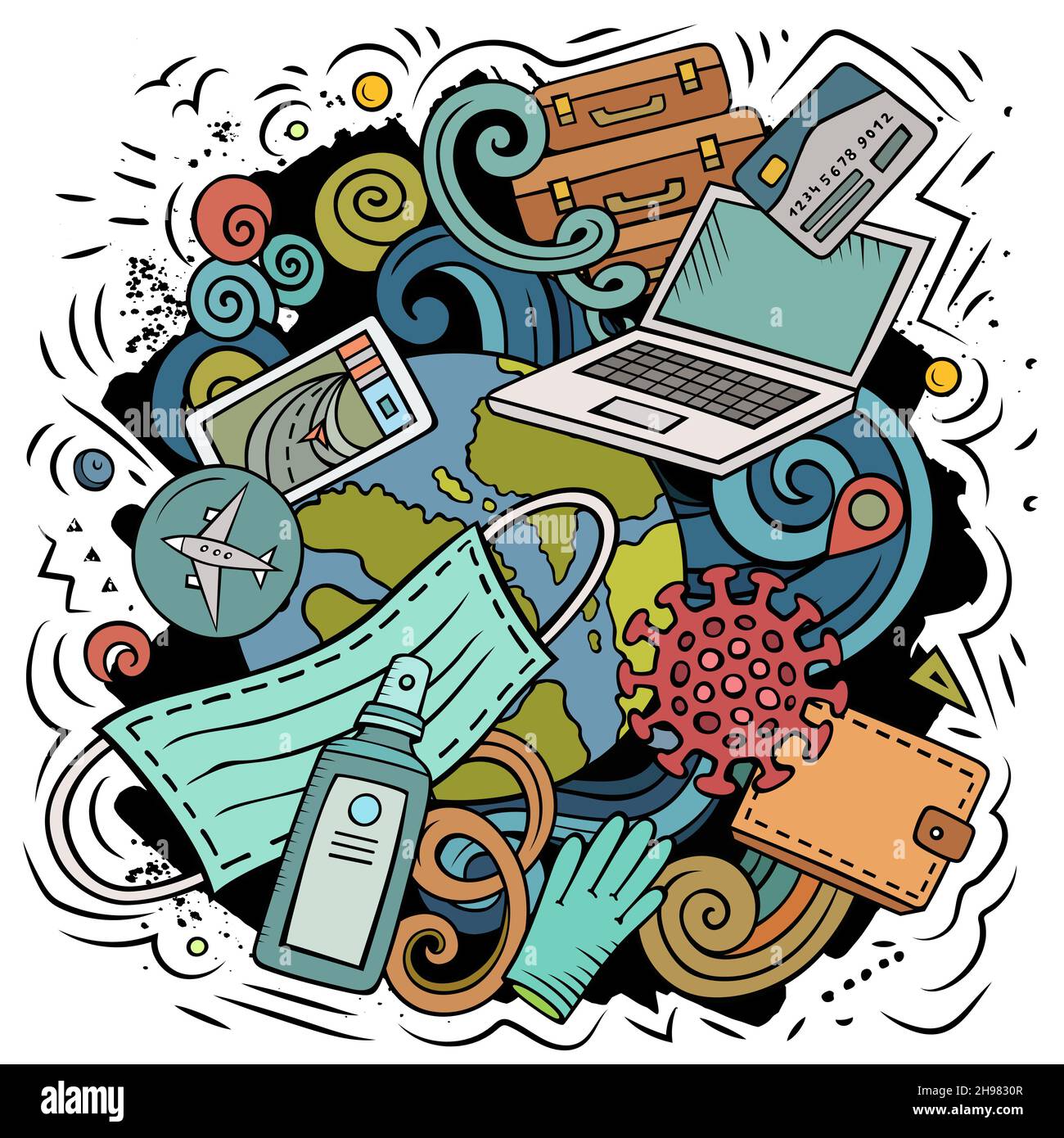 Traveling vector doodles illustration. New normal elements and objects ...