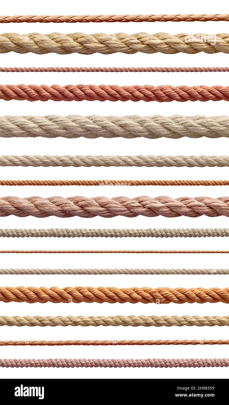 collection of various ropes string on white background. each one is ...