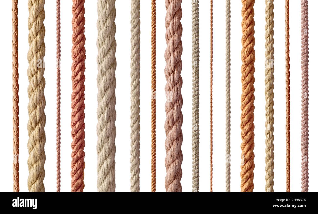 collection of various ropes string on white background. each one is ...