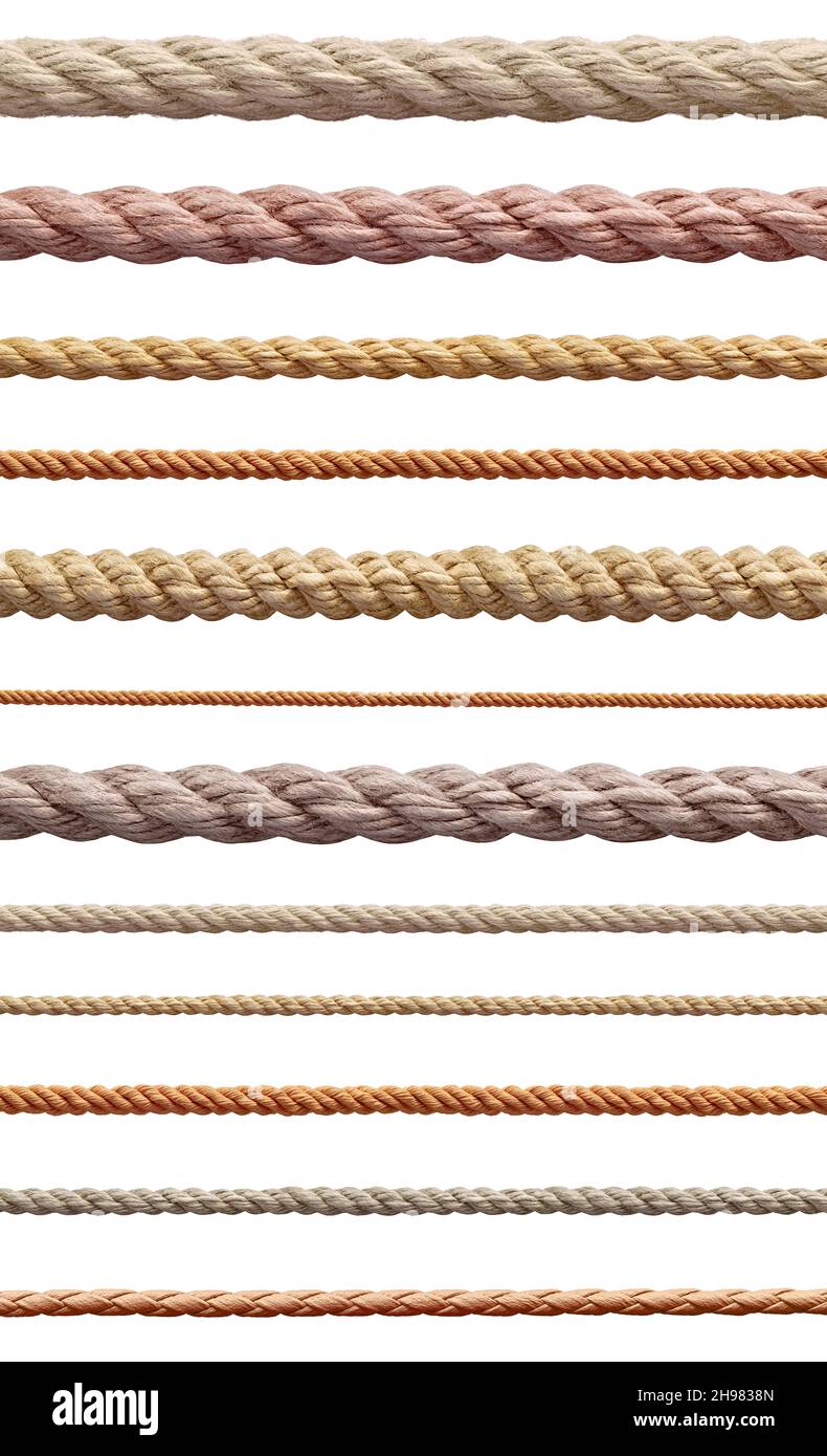collection of various ropes string on white background. each one is ...