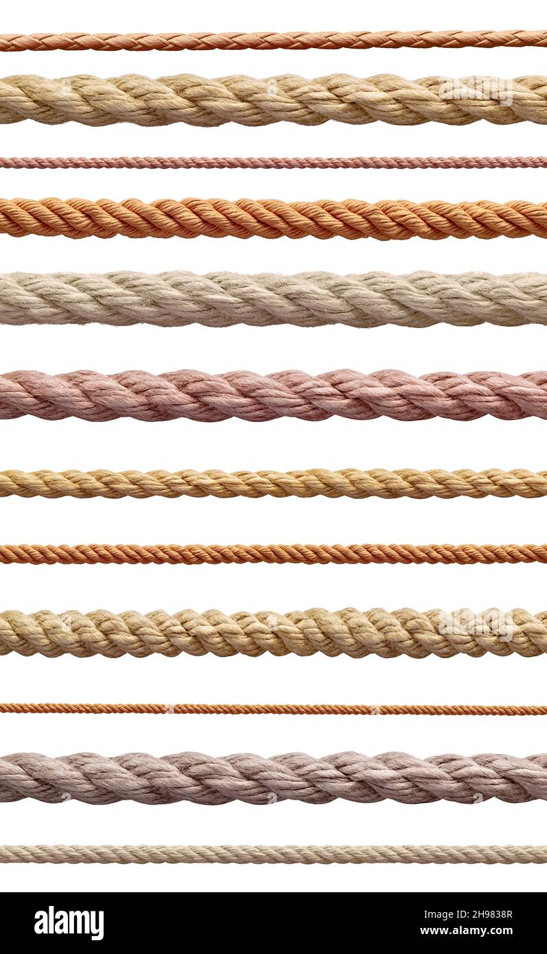 collection of various ropes string on white background. each one is ...