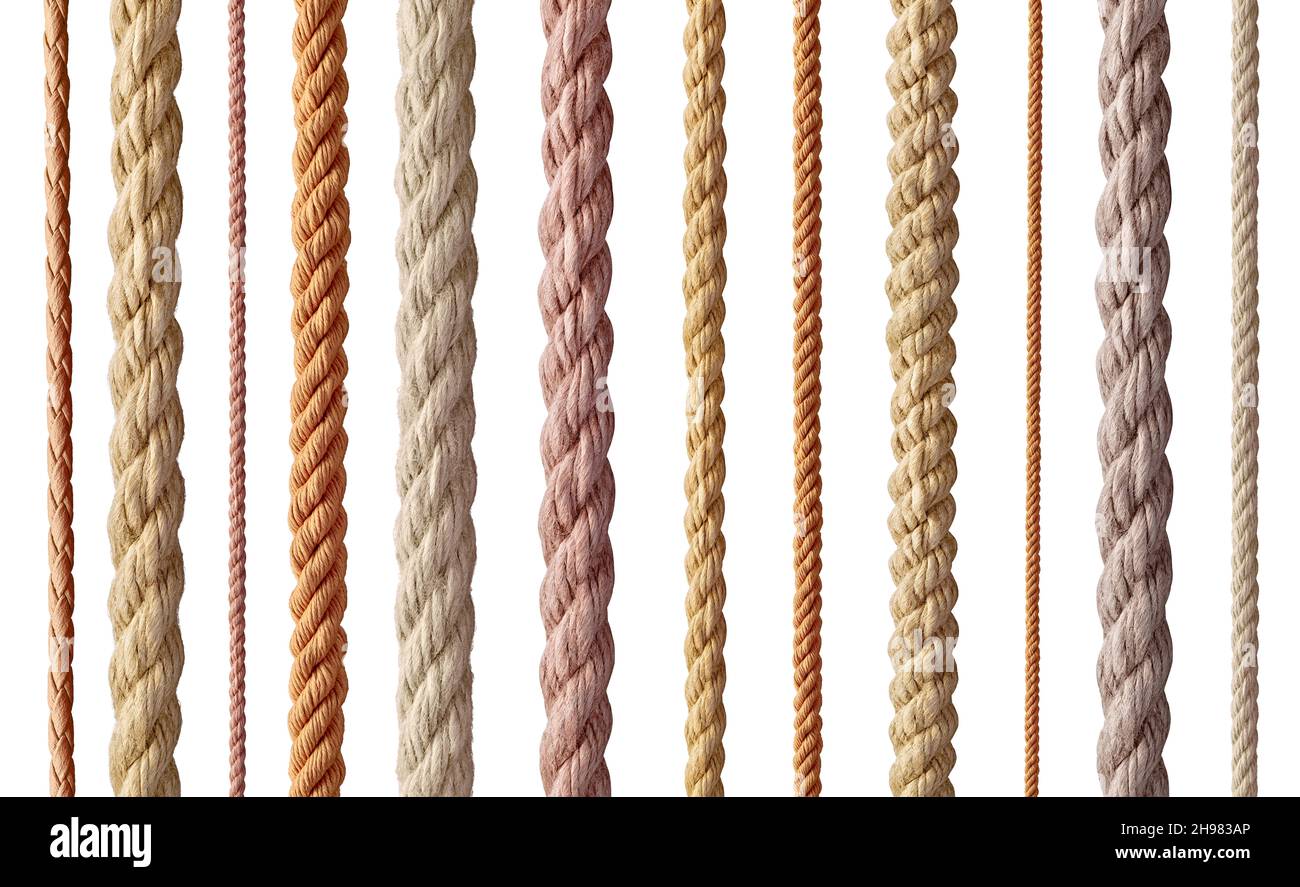 collection of various ropes string on white background. each one is ...