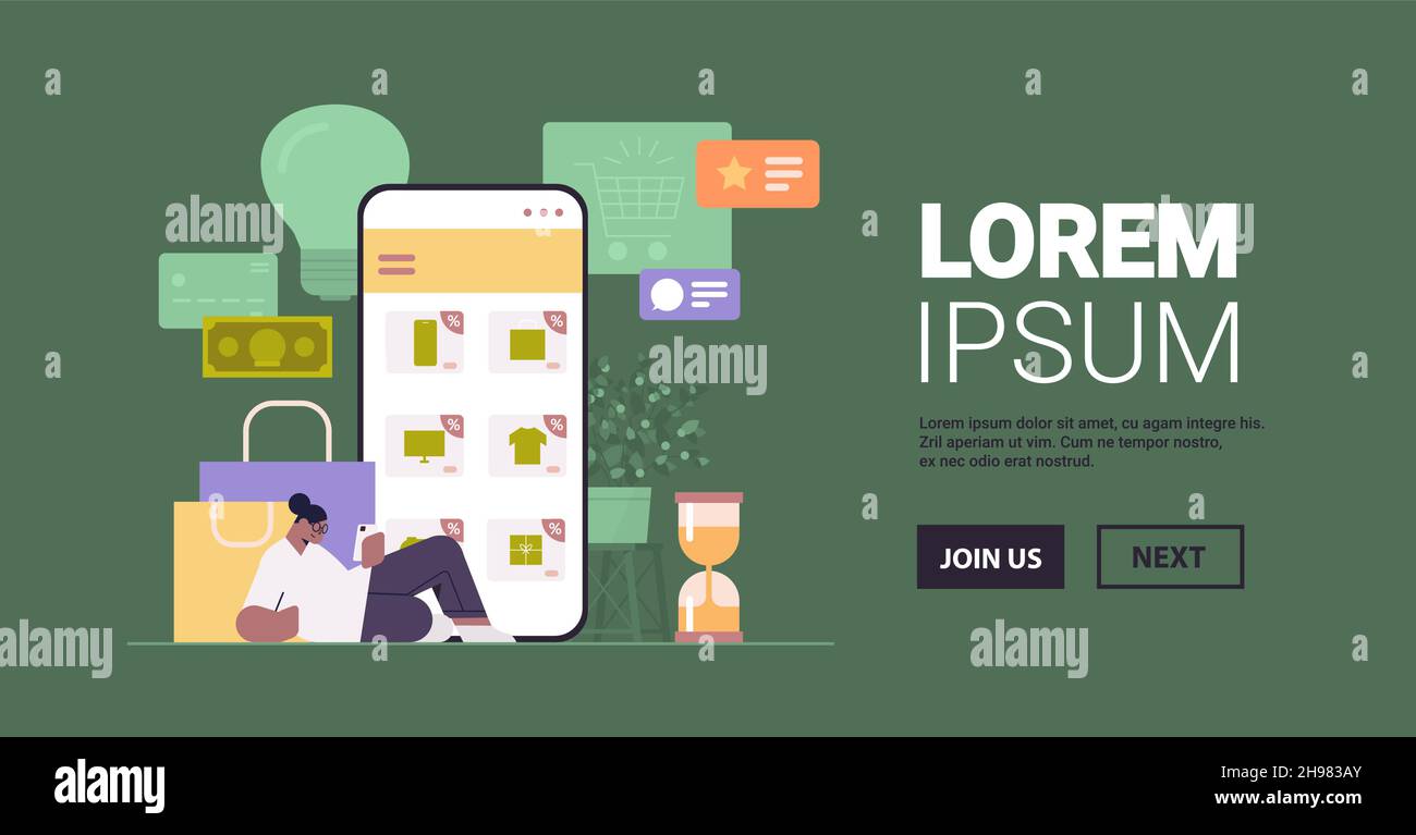 woman choosing items on smartphone screen in mobile app online shopping ...