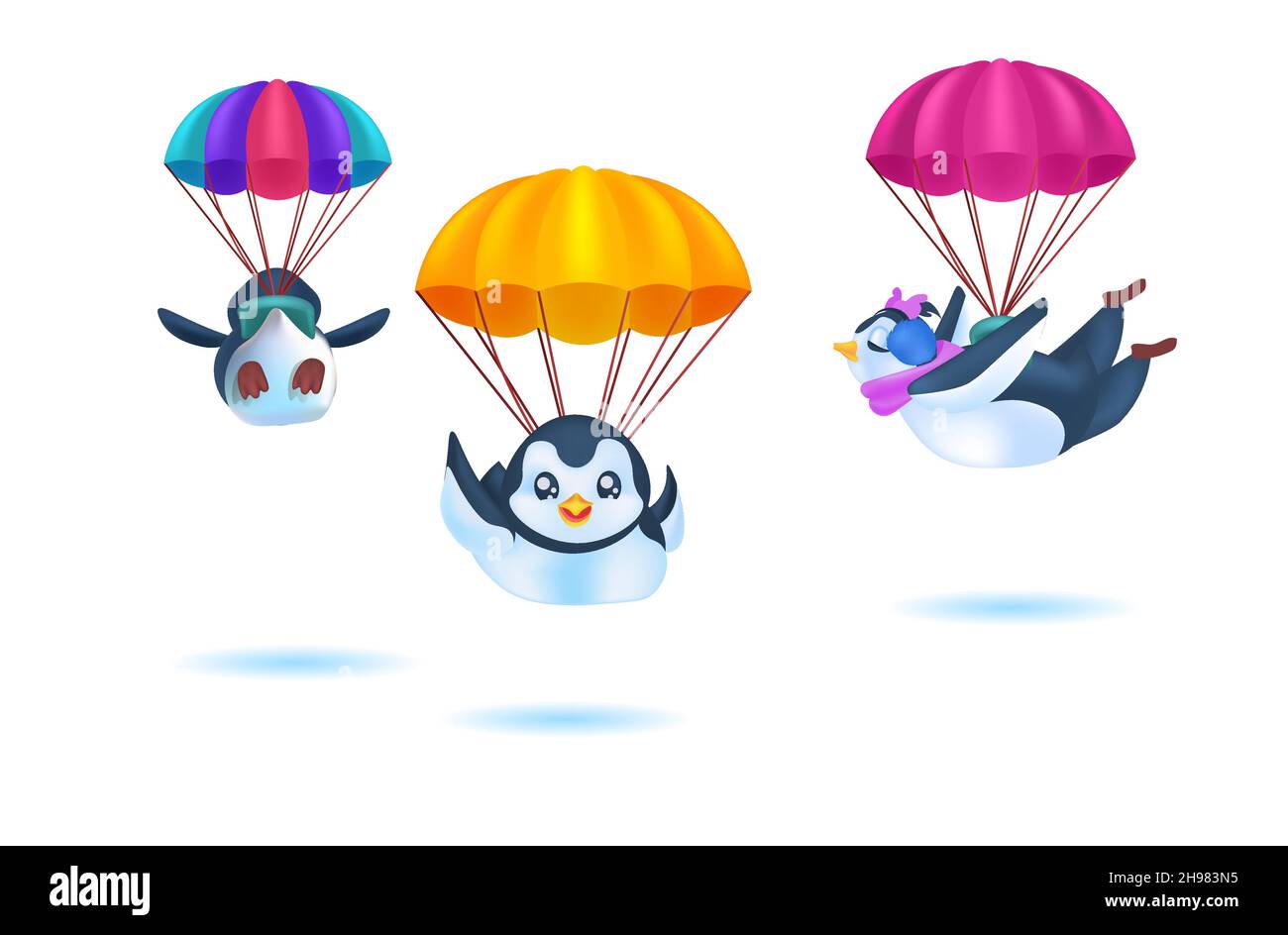 cute penguins flying on parachutes antarctic birds having fun full ...
