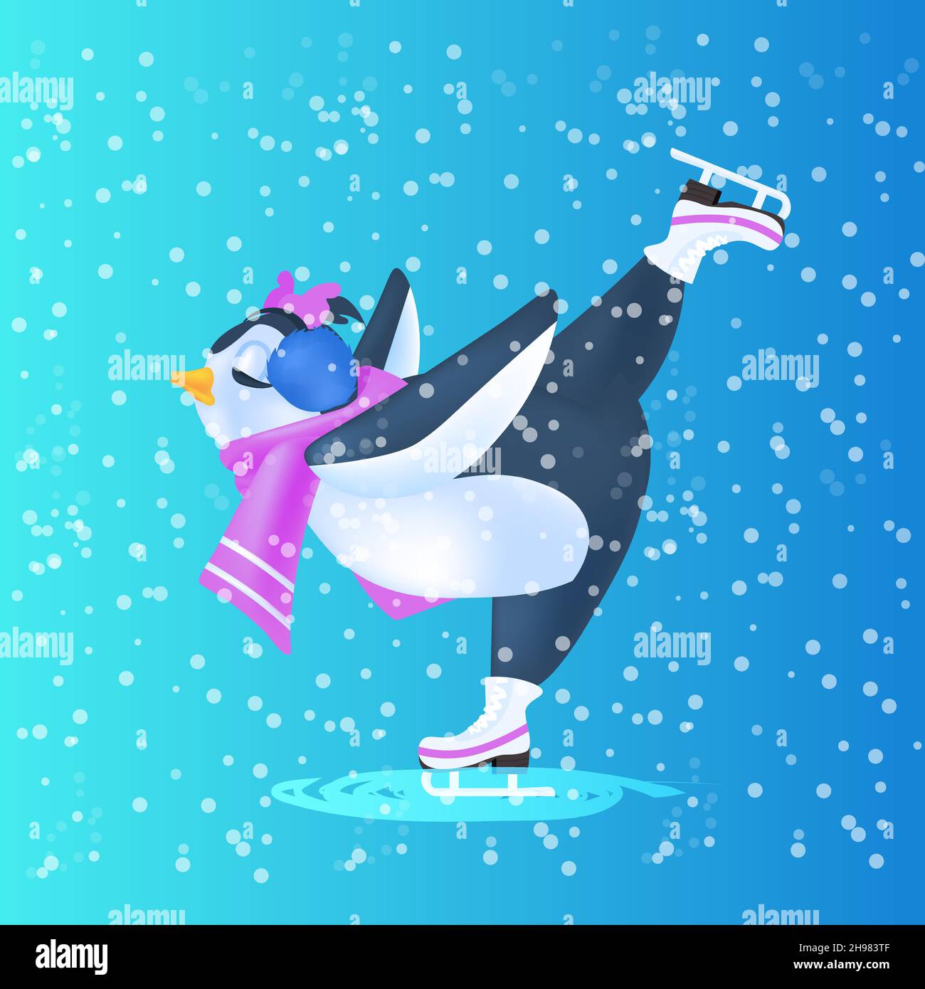 cute penguin skating on ice rink winter activities concept full length ...