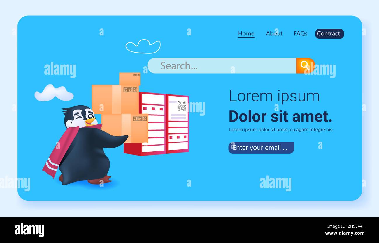 cute penguin animal delivering cardboard boxes delivery service concept ...