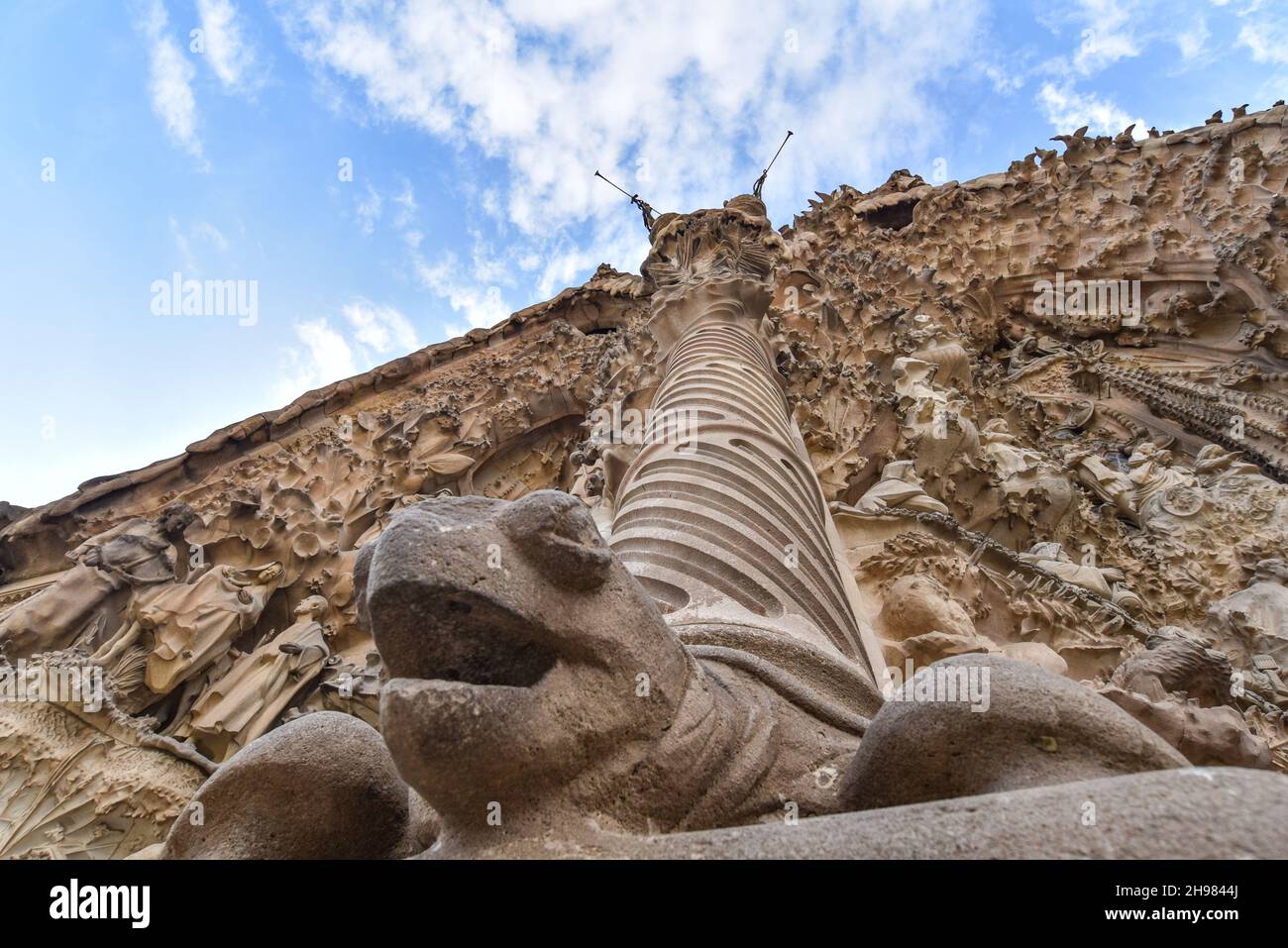 Barcelona, Spain - 22 Nov, 2021: Carved turtle at the base of a column ...