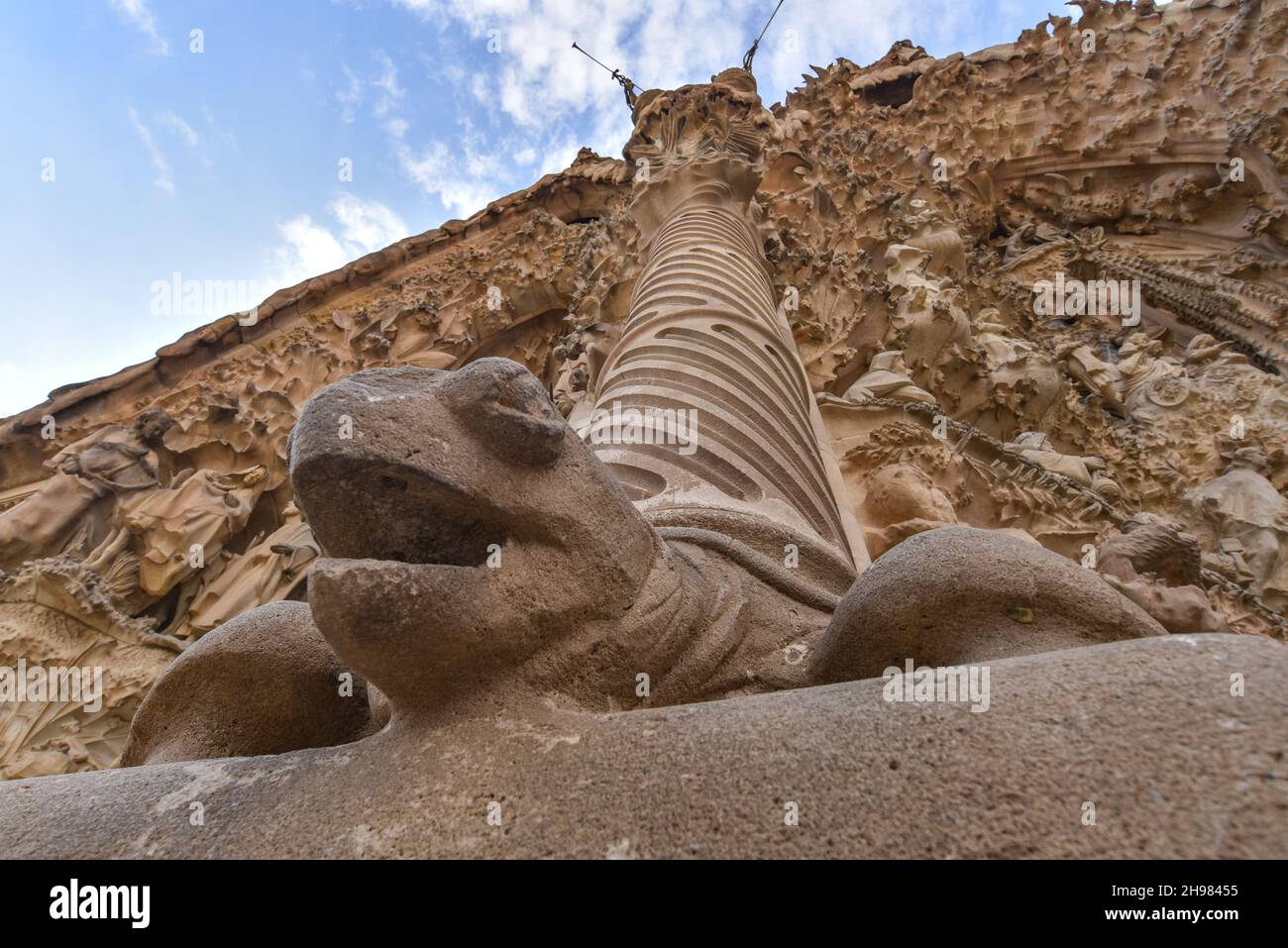 Barcelona, Spain - 22 Nov, 2021: Carved turtle at the base of a column ...
