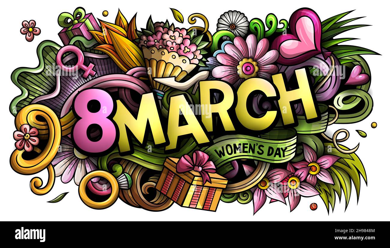 8 March hand drawn cartoon doodles illustration. Funny holiday design ...