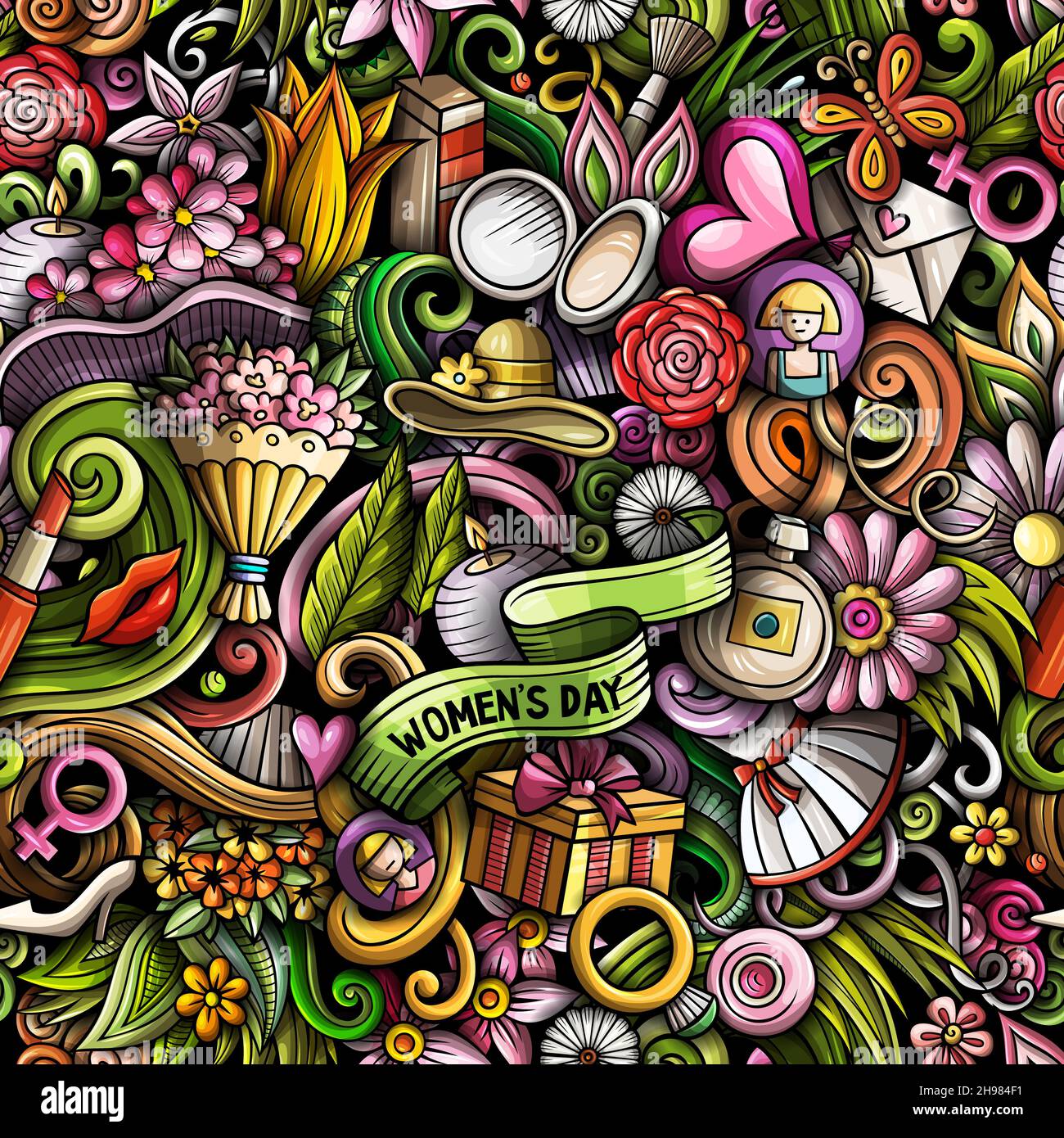 Cartoon doodles 8 March seamless pattern. Backdrop with Happy Womans ...