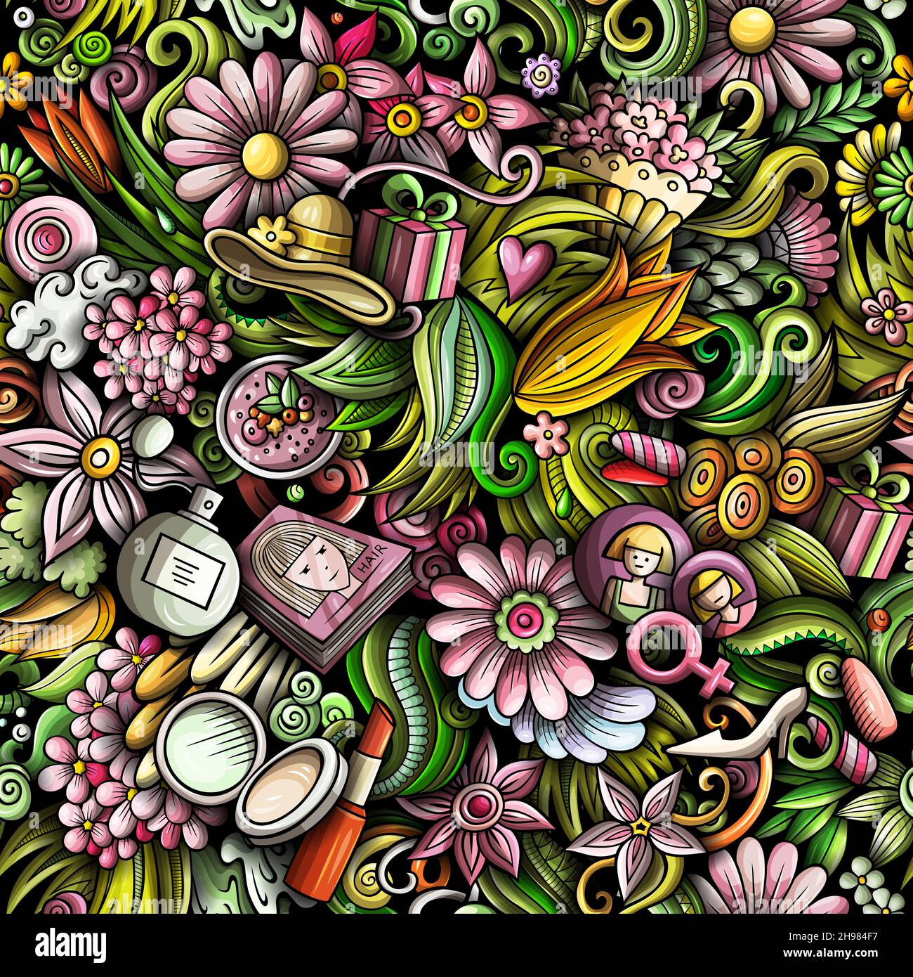 Cartoon doodles 8 March seamless pattern. Backdrop with Happy Womans ...