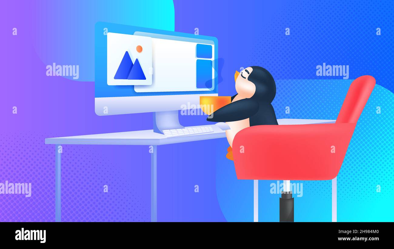 cute penguin animal sitting at workplace and working on computer arctic ...