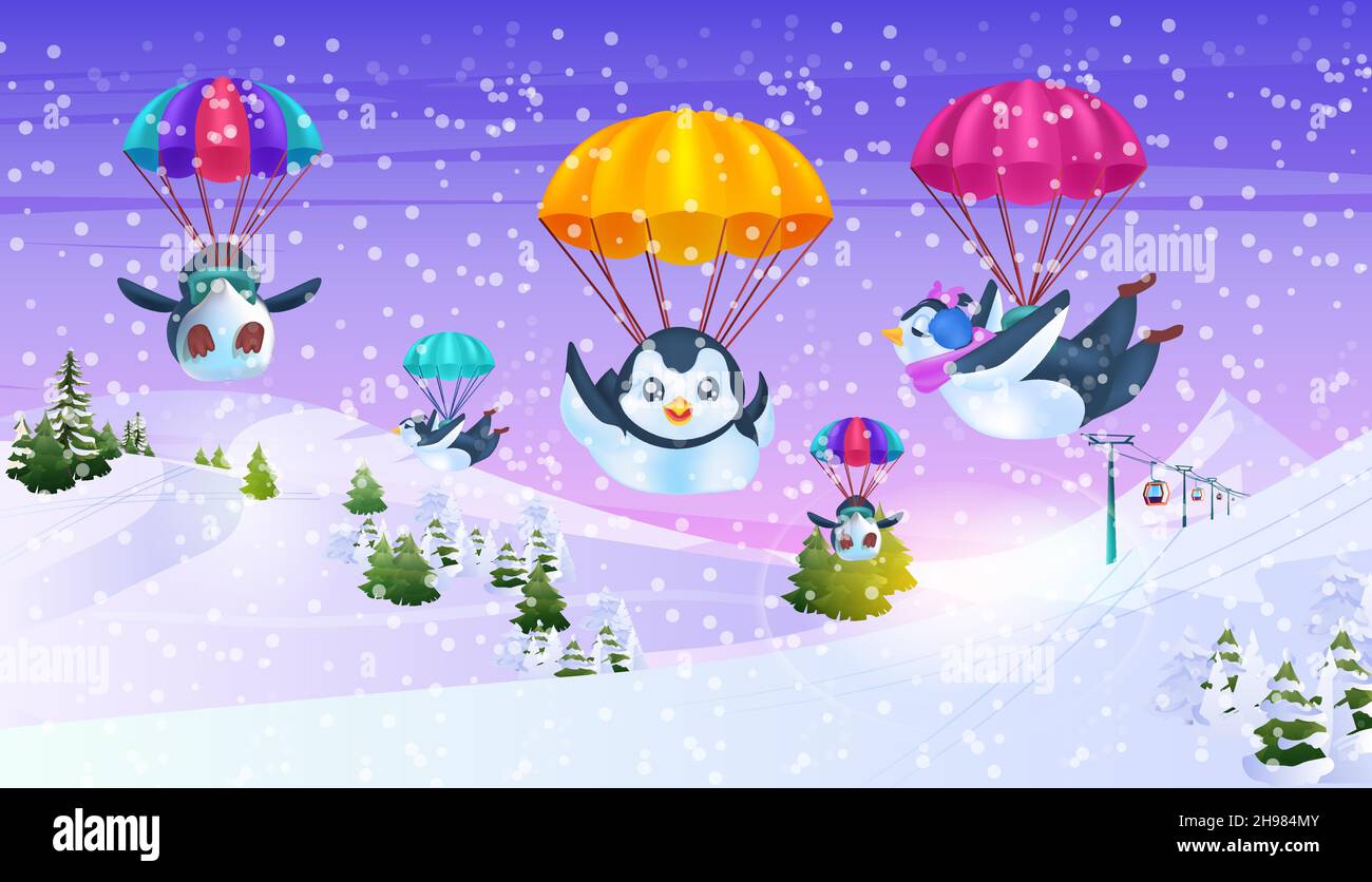 cute penguins flying on parachutes antarctic birds having fun snowfall ...