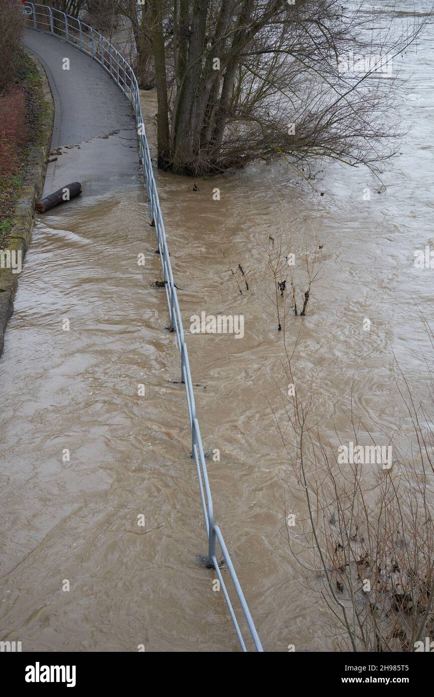 Flood. River overflows its banks and floods the street. Top view ...