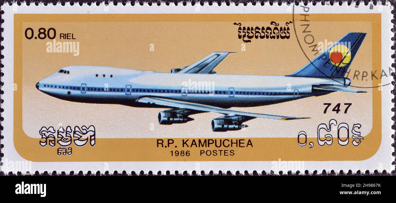 Cancelled postage stamp printed by Cambodia, that shows Boeing 747 ...