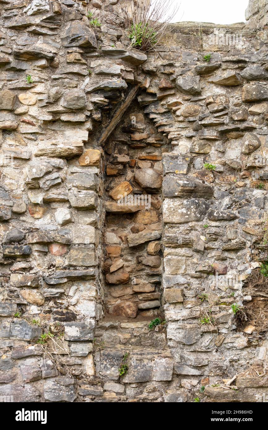 Richmond Castle, North Yorkshire, 2019. Detail of a niche or blocked ...
