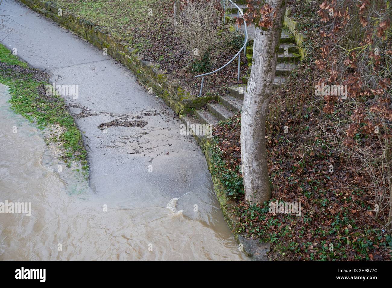 The path is flooded by river water, the water of the neckar overflows ...