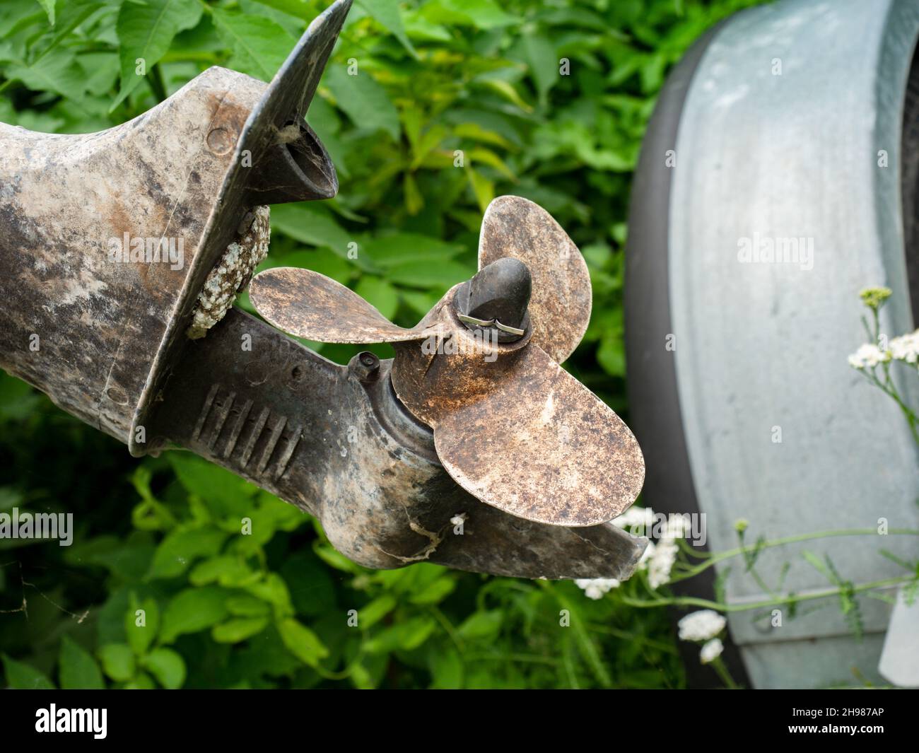 Rusty Propeller on ship waiting in a dry dock for the start of the ...