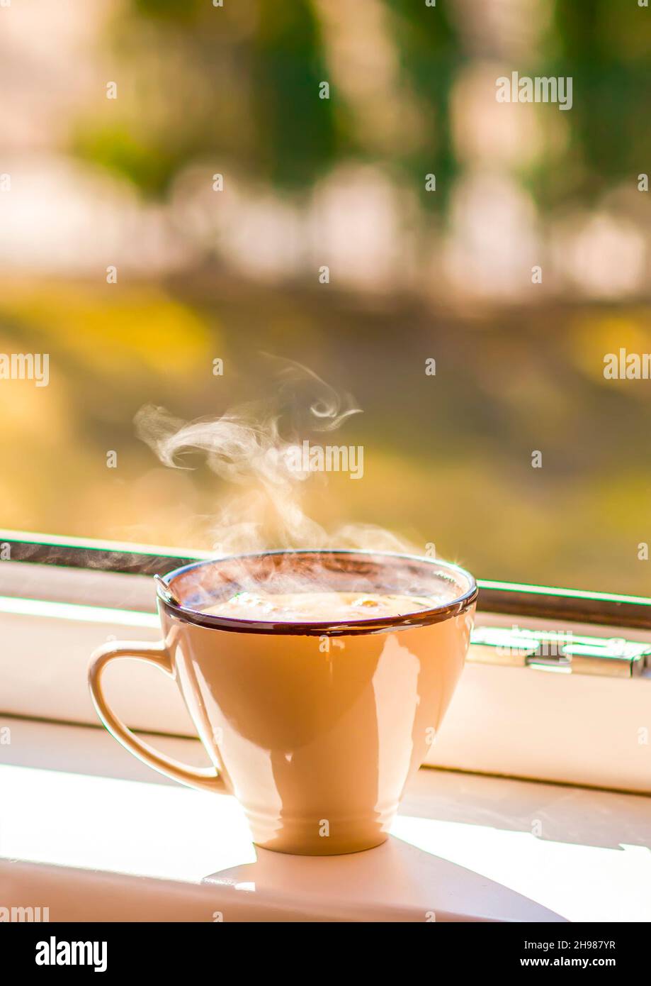 Morning cup of coffee on a window sill. Steam above the ceramics cup ...