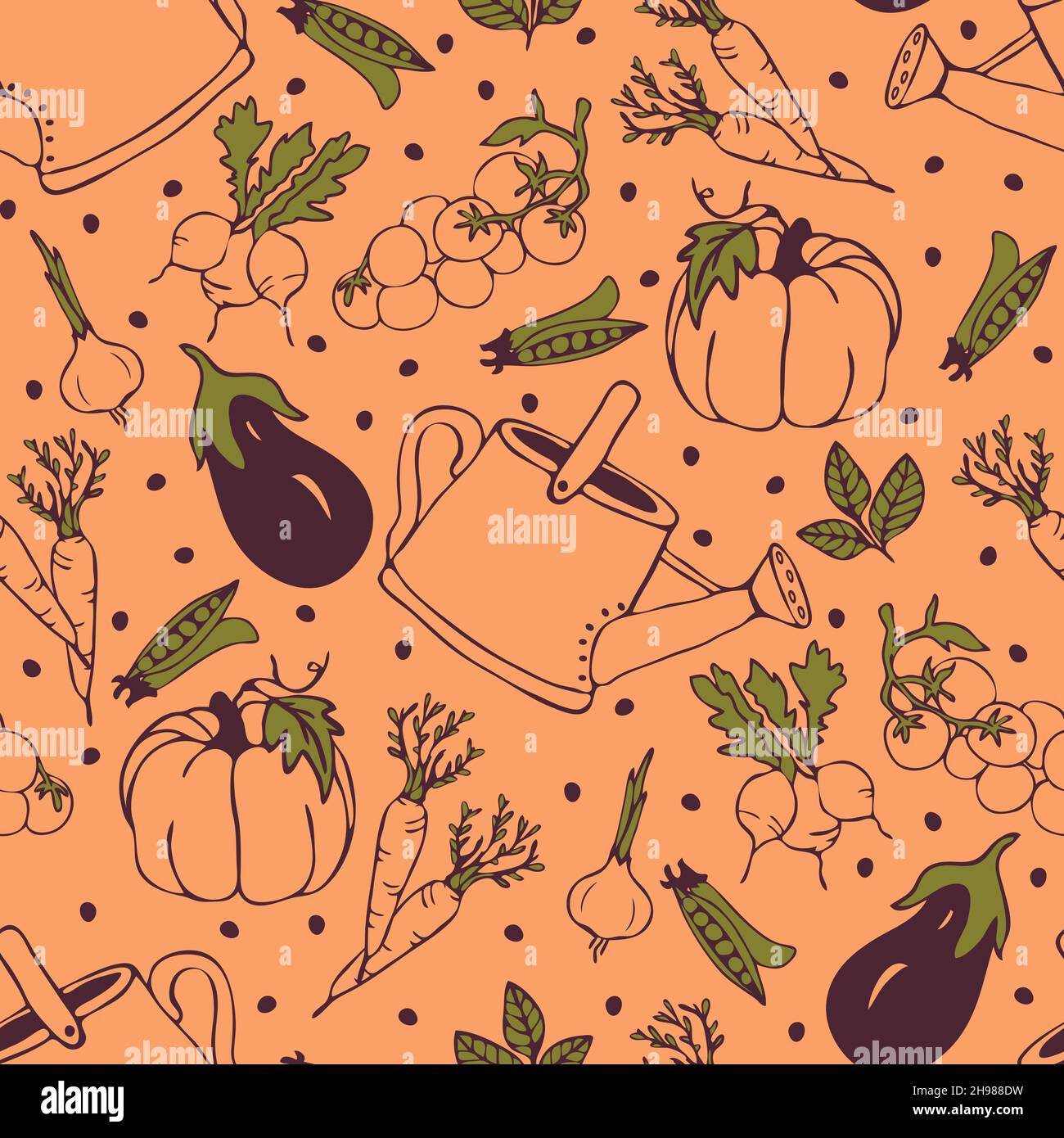 Seamless vector pattern with hand drawn vegetables on yellow background ...