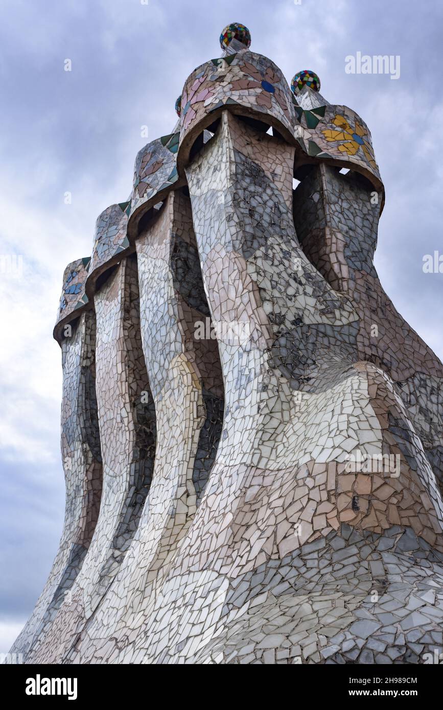 Barcelona, Spain - 22 Nov, 2021: Ornate chimneys on the roof of Casa ...
