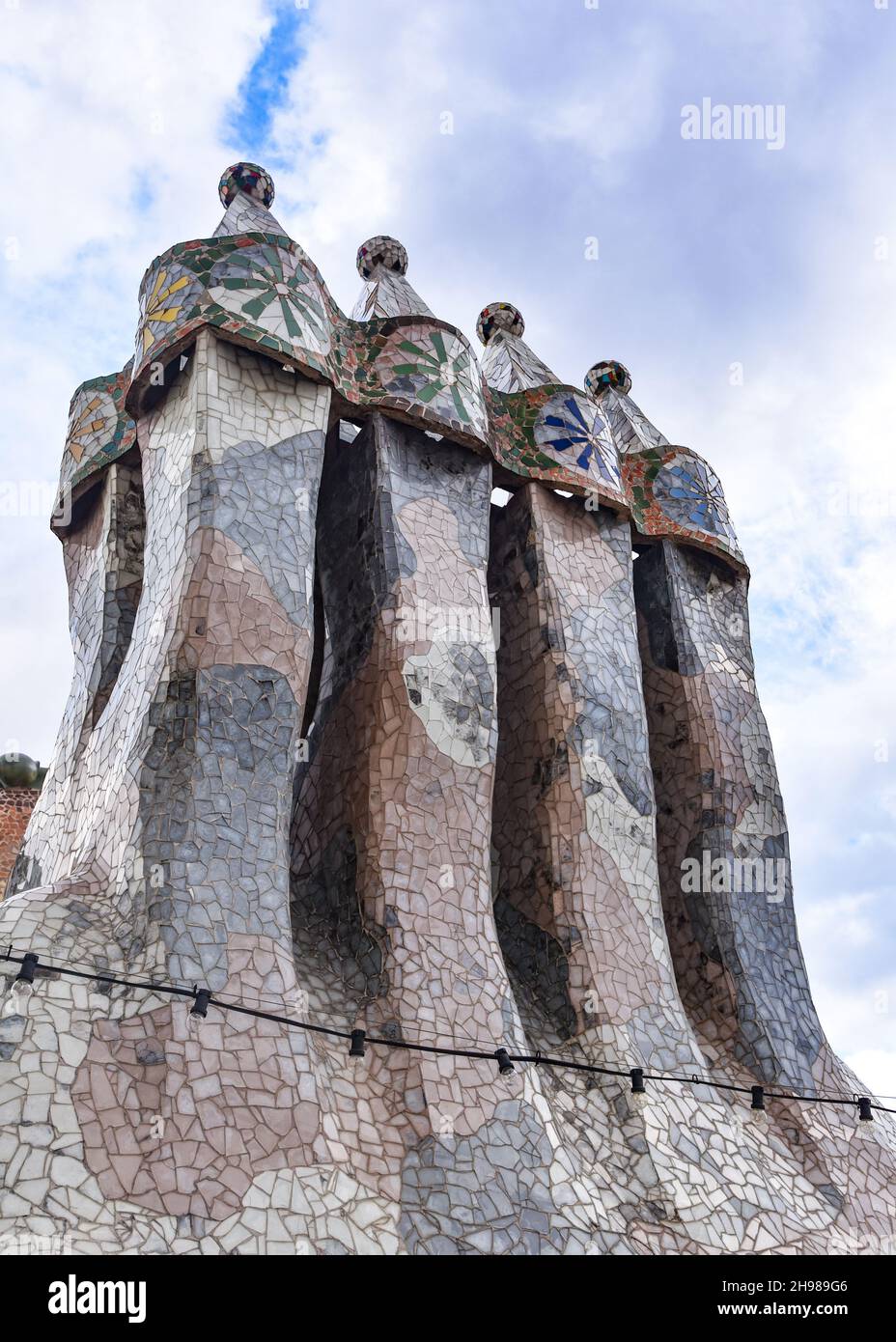 Barcelona, Spain - 22 Nov, 2021: Ornate chimneys on the roof of Casa ...