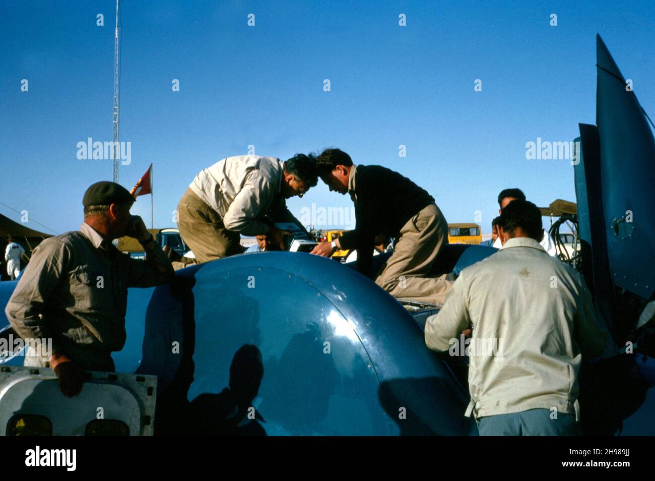 Mechanics working on Bluebird CN7 for World Land speed record attempt ...