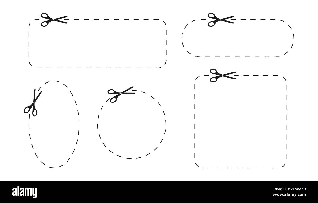 Set of scissors icons cutting different shapes with dotted lines. Cut ...