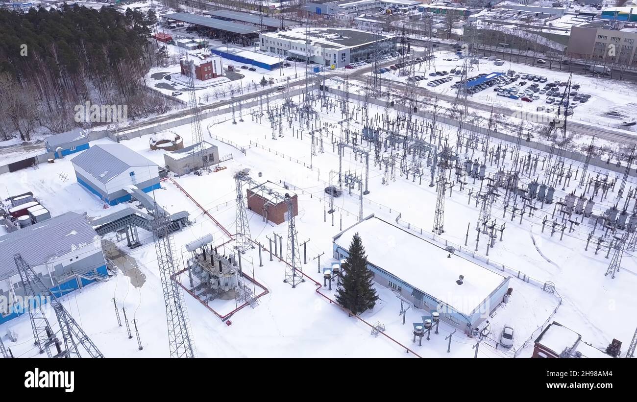 Top view of electric city substation. Action. Electrical substation ...