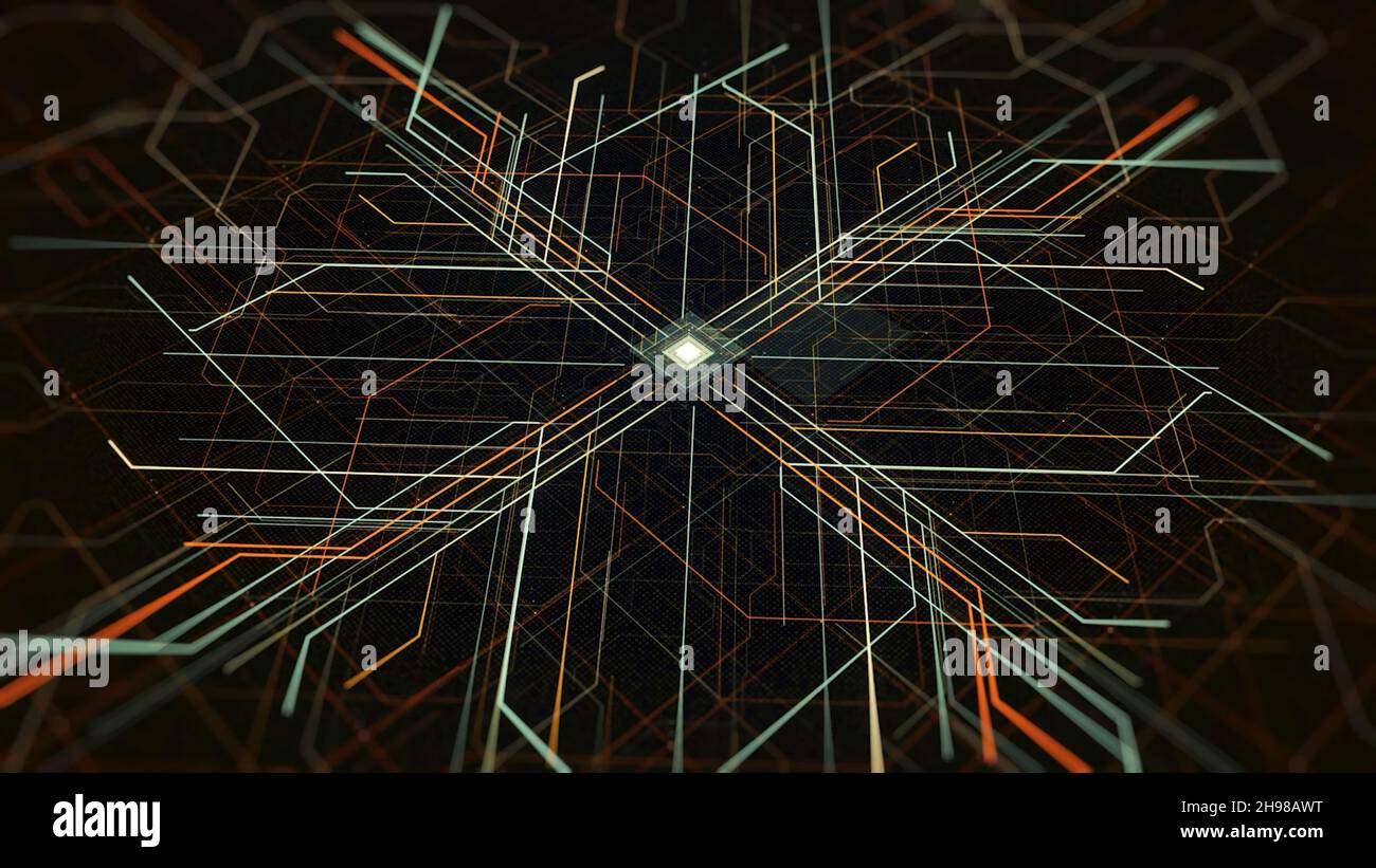 Neon moving lines of computer circuit. Animation. Diagram of neural computer networks moving in ...