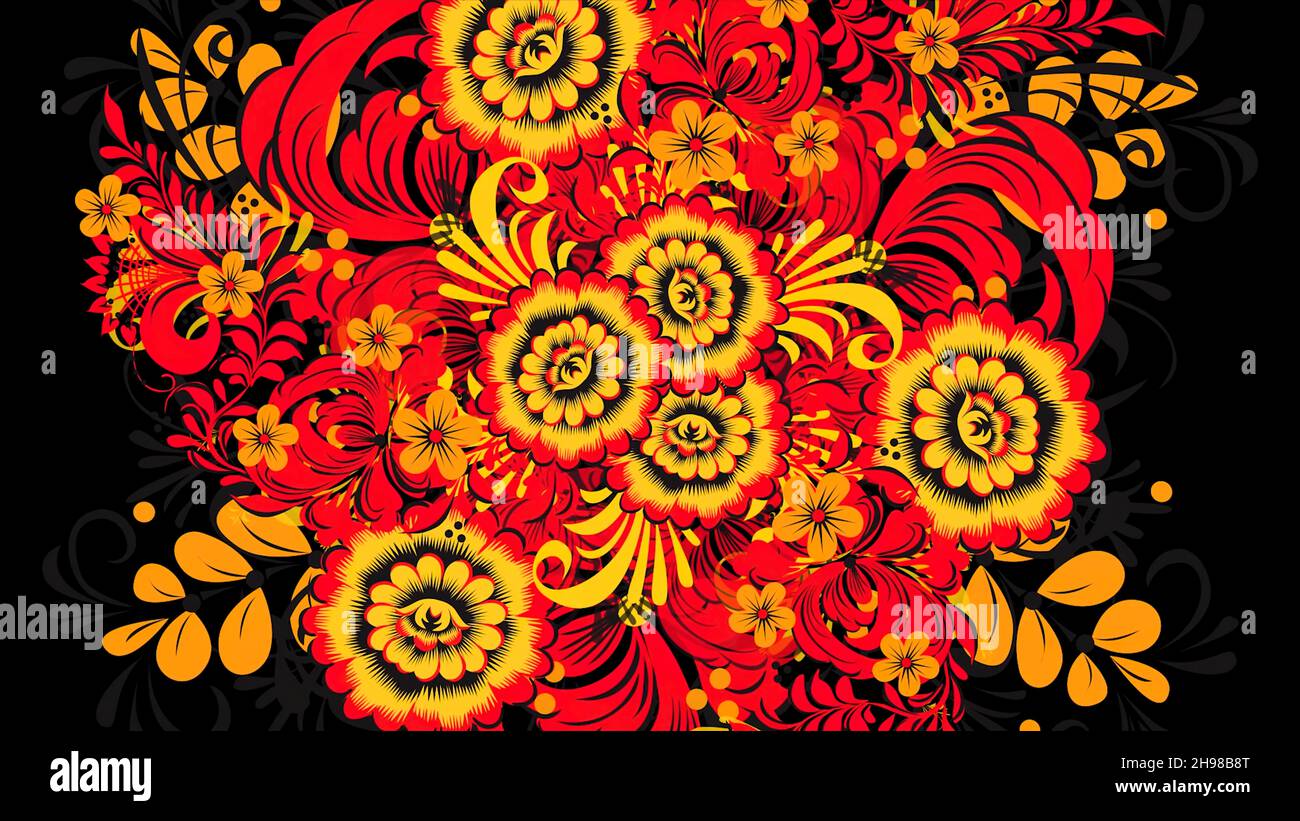 Crockery painting Khokhloma Russia of bright red flowers and berries on ...