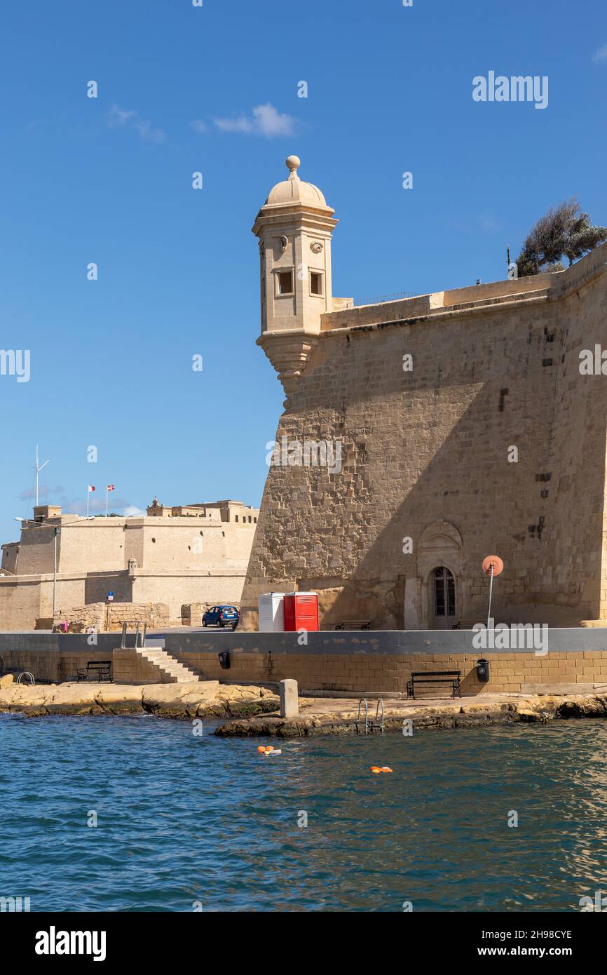 A Hexagon shaped watchtower on the bastion walls of Senglea decorated ...